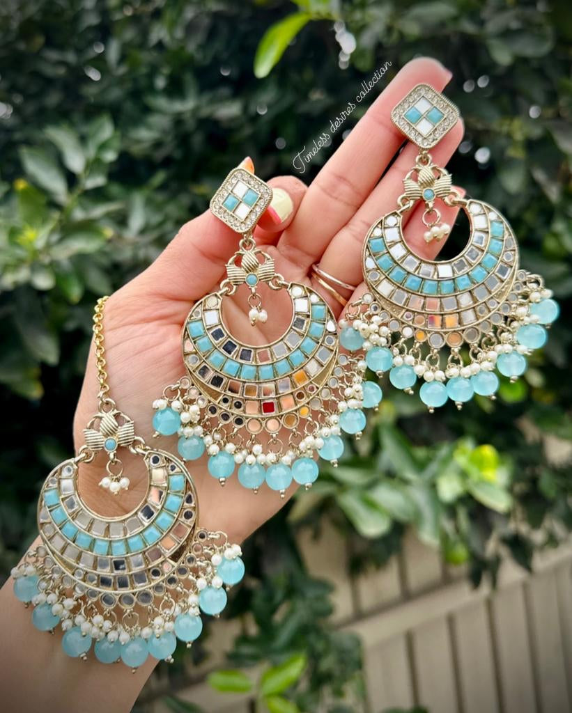 Sky blue earrings and tikka set in mirror