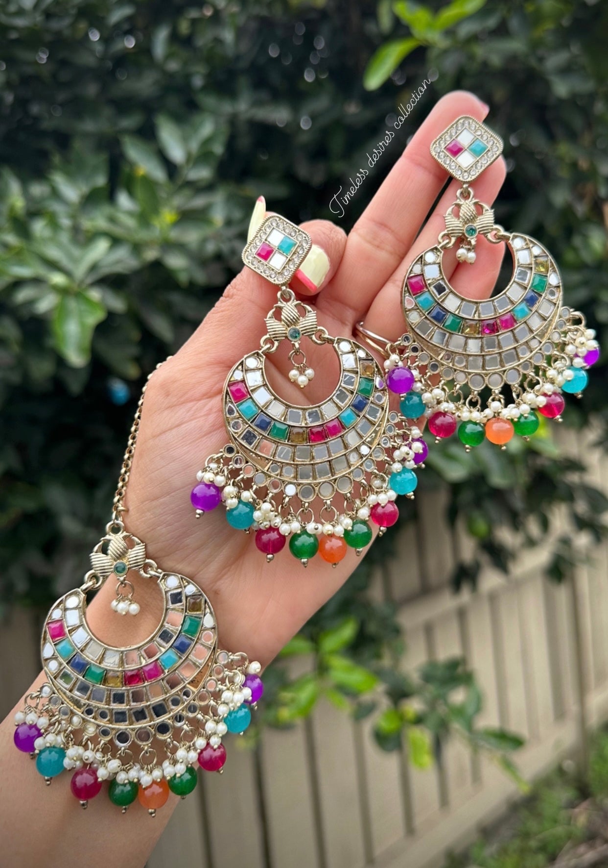 Multi coloured earrings and tikka set in mirror – Timeless desires ...