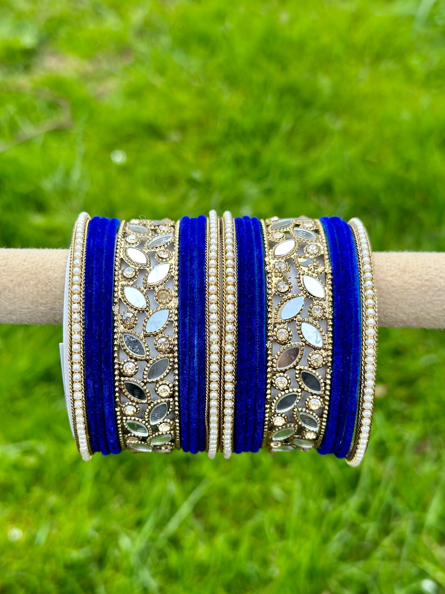 Blue Bangles set in mirror with pearls ( set of both hands ) – Timeless ...
